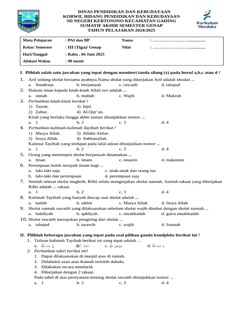 Fix Soal Pas Pai SMSTR 2 Kelas 3 | PDF