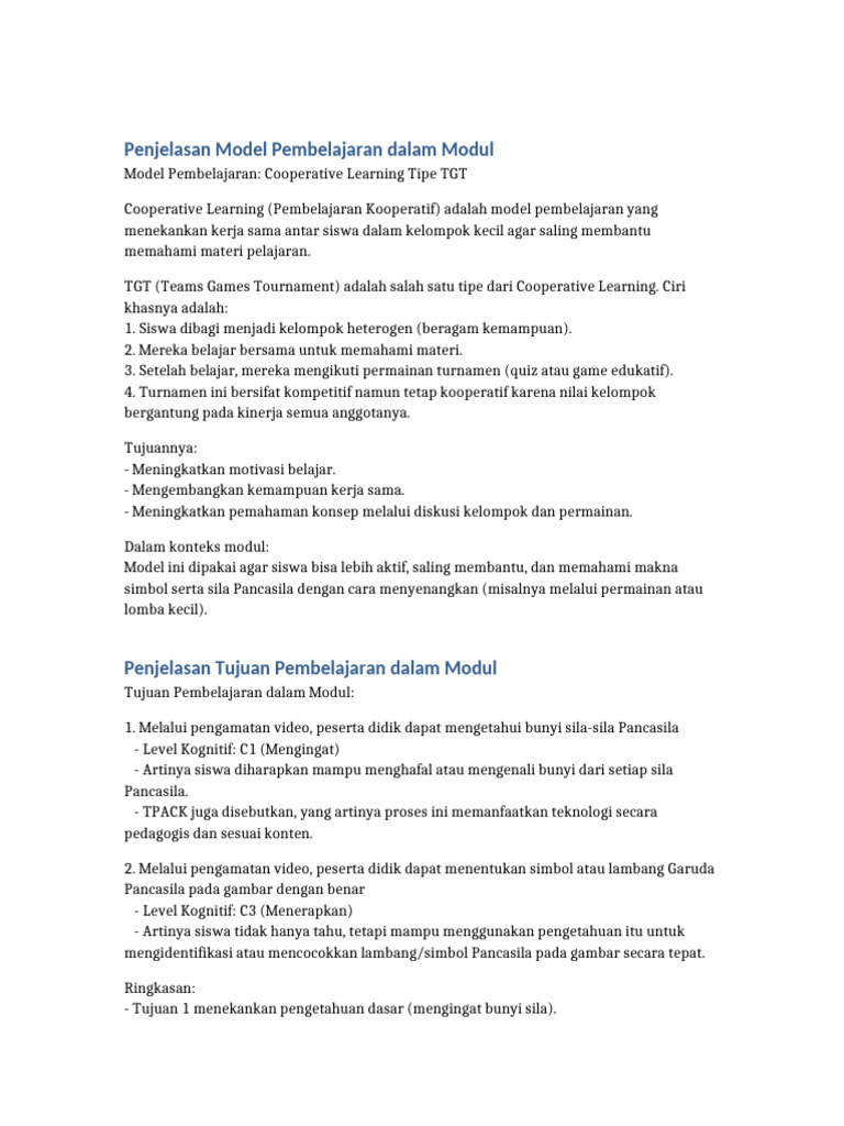 Penjelasan Model Dan Tujuan Pembelajaran | PDF