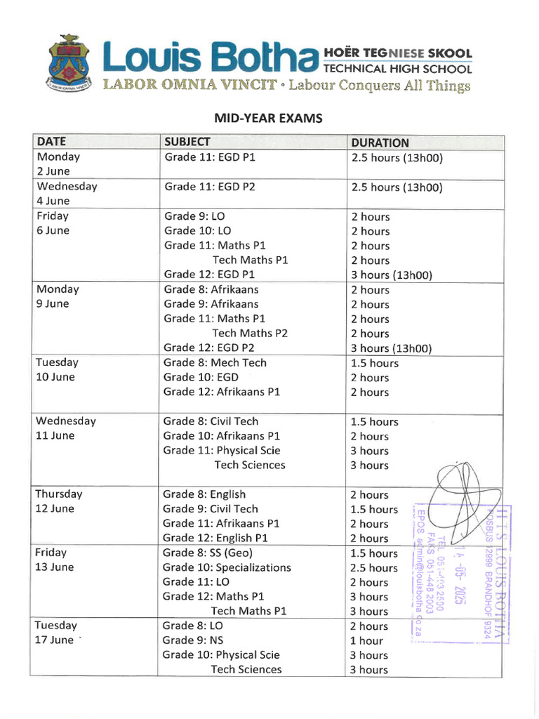 Mid Year Exam Timetable | PDF