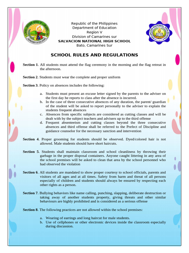 Salvacion National High School Rules | PDF | Justice | Crime & Violence