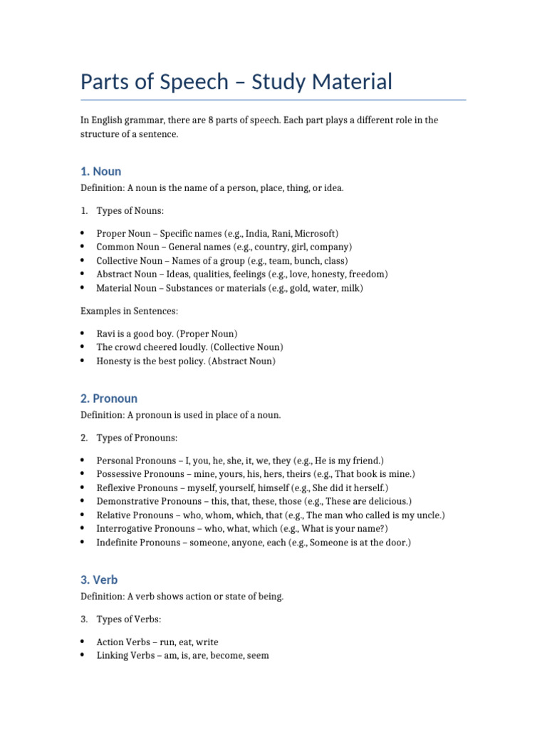 Parts of Speech Study Material | PDF | Adverb | Pronoun