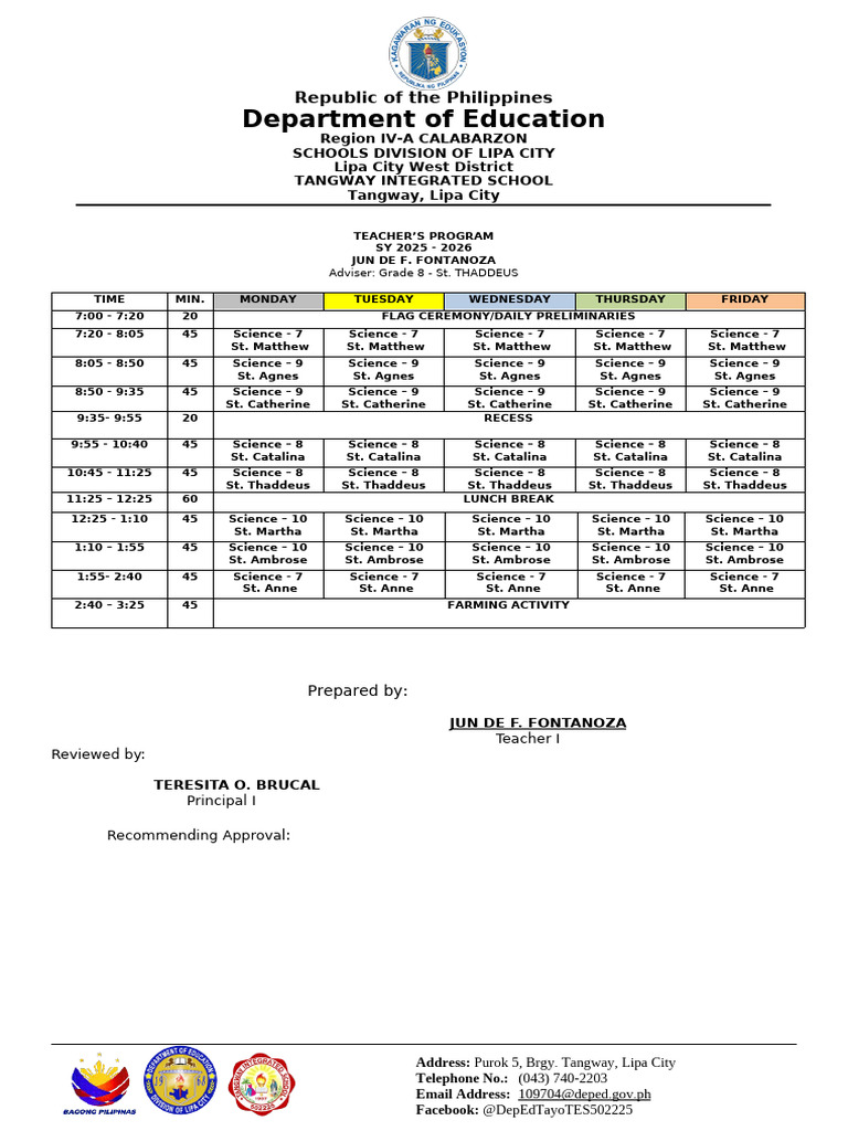 Class and Teachers Program 2526 | PDF | Philippines