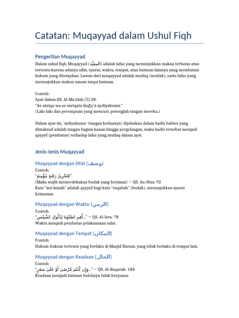 Pengertian dan Contoh Muqayyad dalam Fiqh | PDF