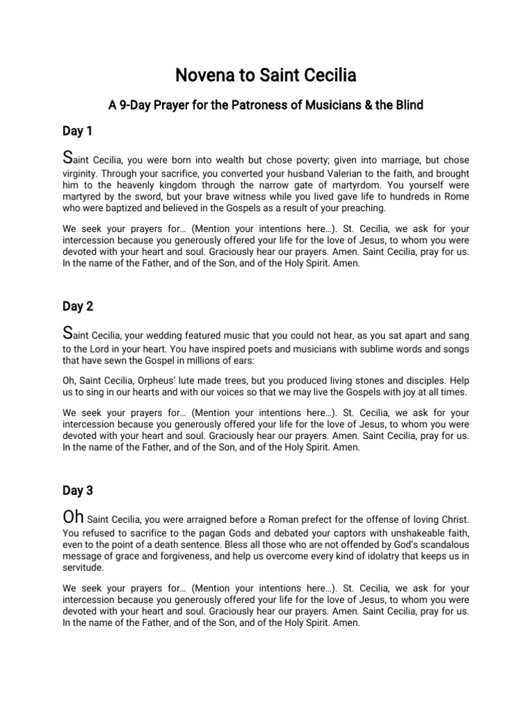 Novena Prayers to Saint Cecilia | PDF