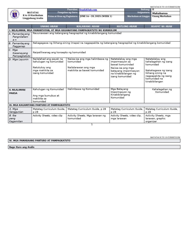DLL Matatag Makabansa 2 q1 w1 | PDF