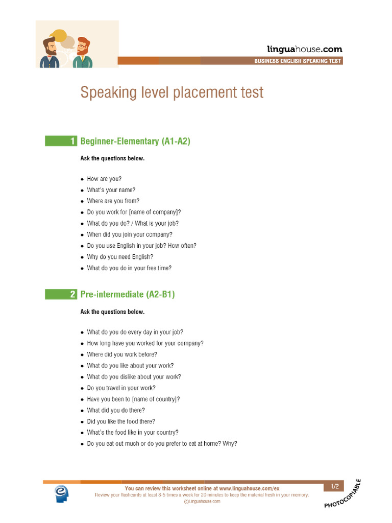 Speaking Items For Placement Test For Admission | PDF