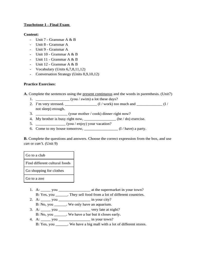Touchstone 1 - Final Exam Prep | PDF | Linguistics | Grammar