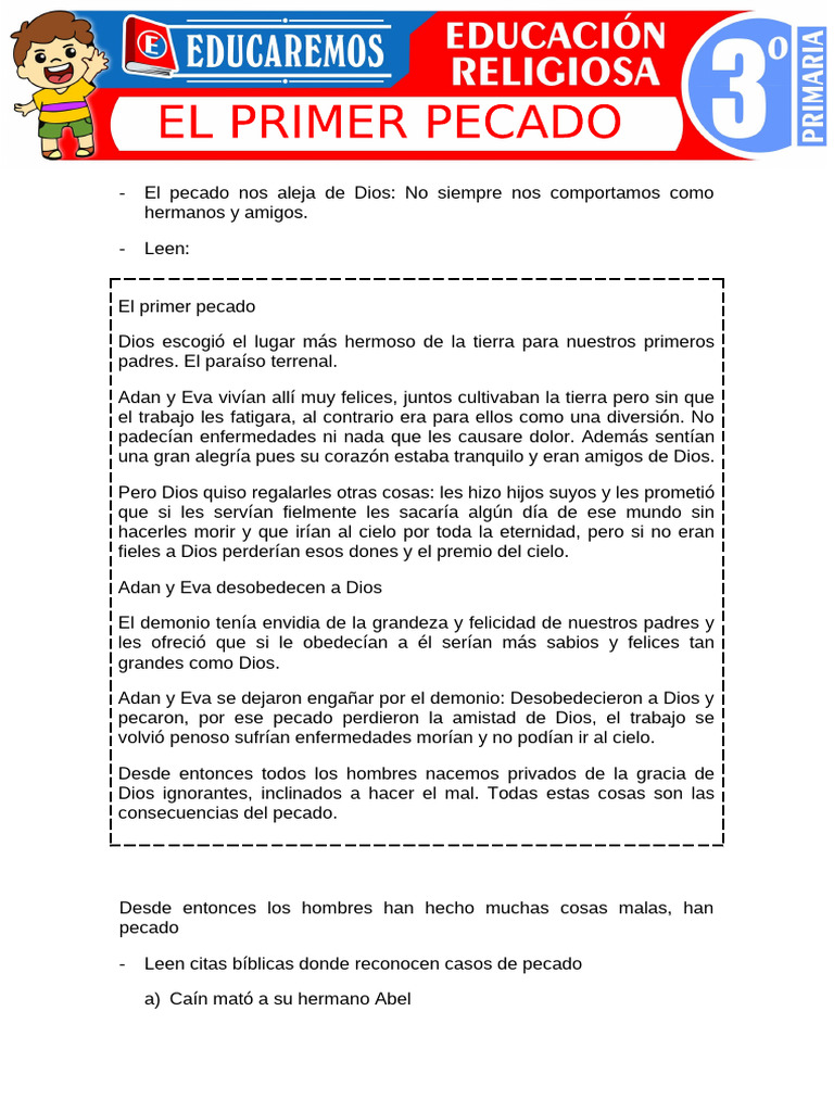 El Primer Pecado para Tercer Grado de Primaria | PDF | Adán y Eva | Pecado