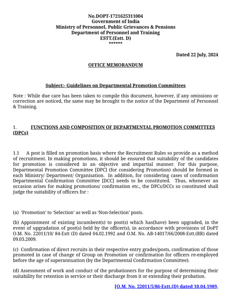 Subject - Guidelines On Departmental Promotion Committees | PDF ...