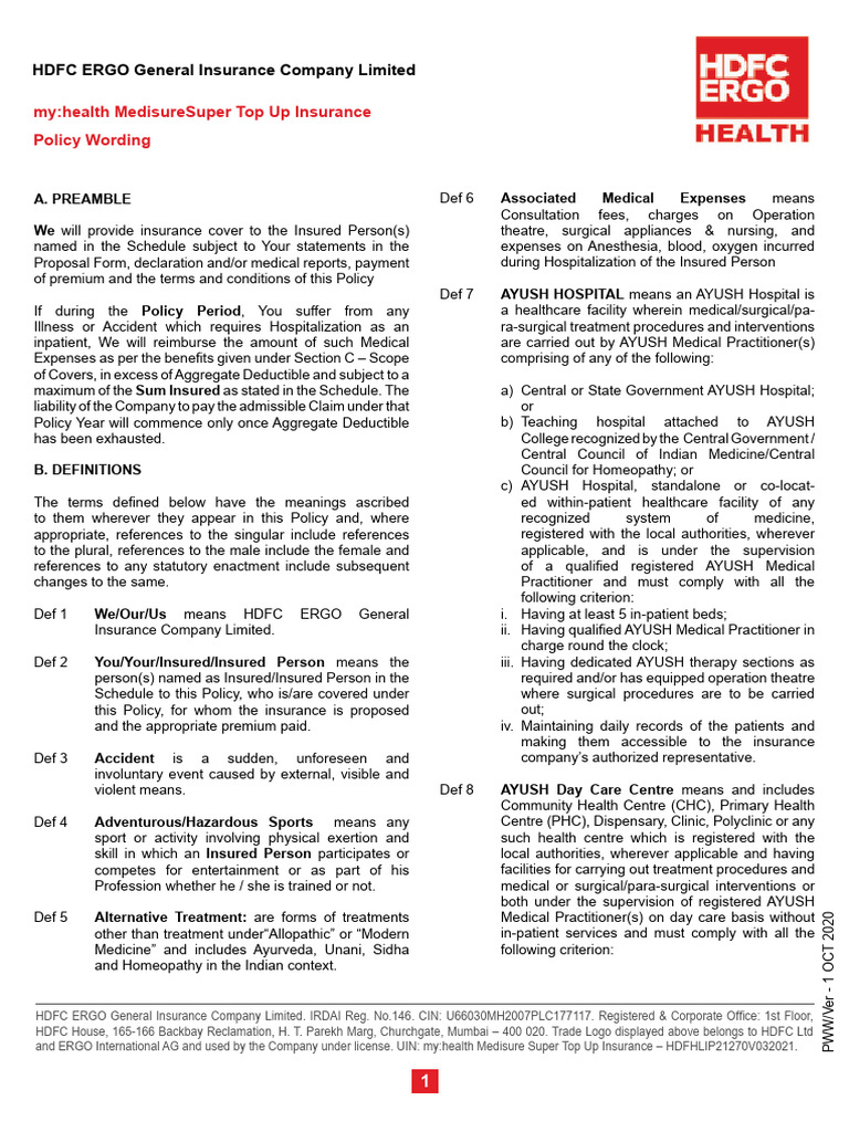My Health Medisure Super Top Up Policy Wording New | PDF | Hospital ...