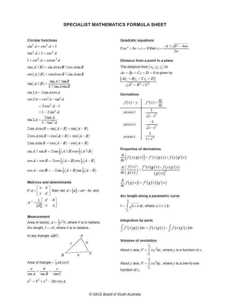 Specialist Mathematics Formula Sheet | PDF | Elementary Mathematics ...