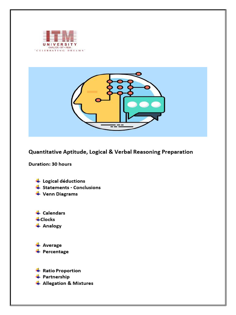 Quantitative Aptitude, Logical & Verbal Reasoning Preparation - 30hrs Content | PDF