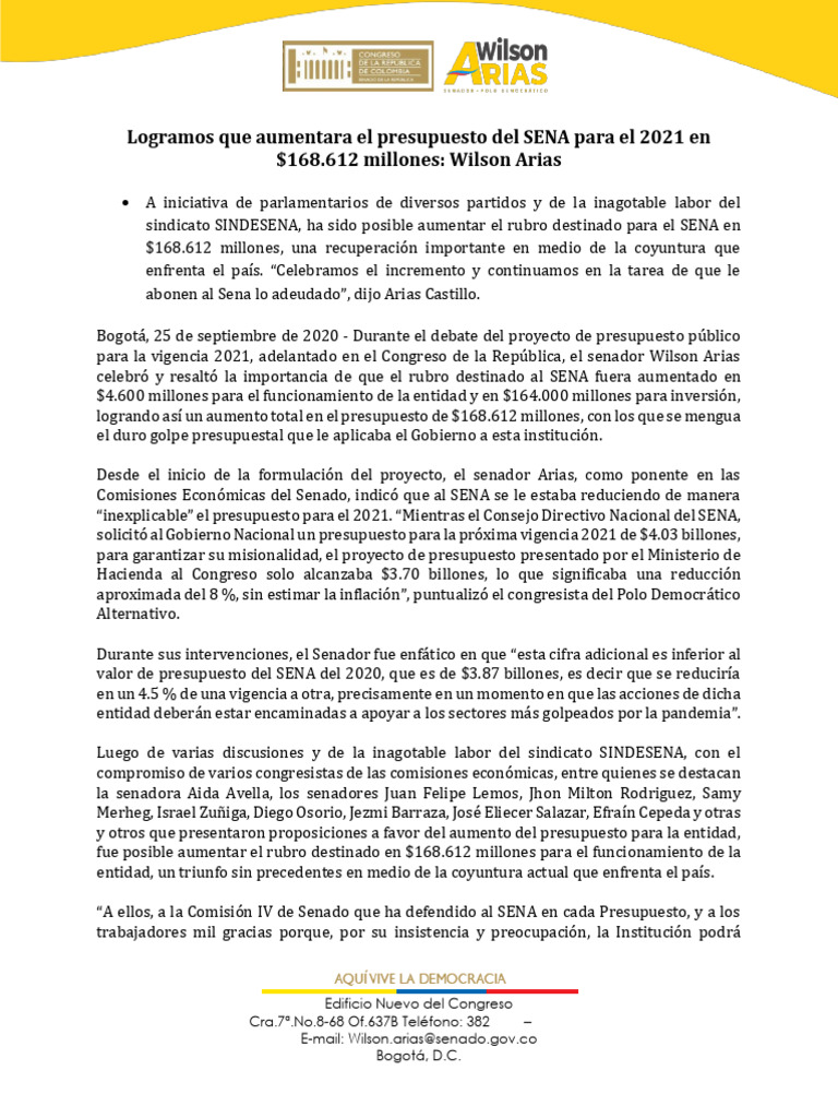 01.1anexo Comunicado Senador Wilson Arias Logramos Aumento Presupuesto ...