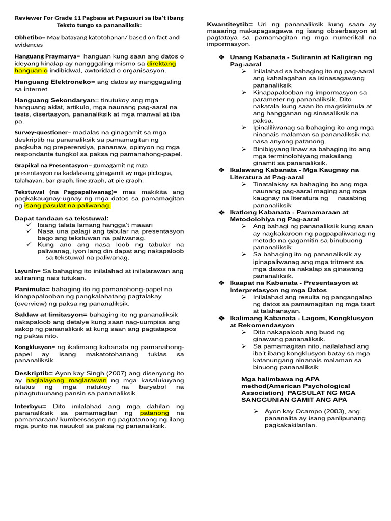 Reviewer For Grade 11 Pagbasa at Pagsusuri sa Iba 2025 | PDF