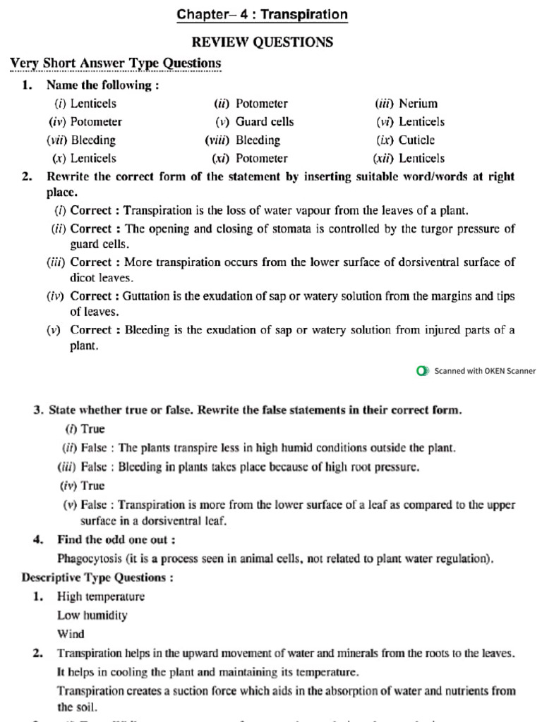 10 Bio Chapter 4 Transpiration | PDF