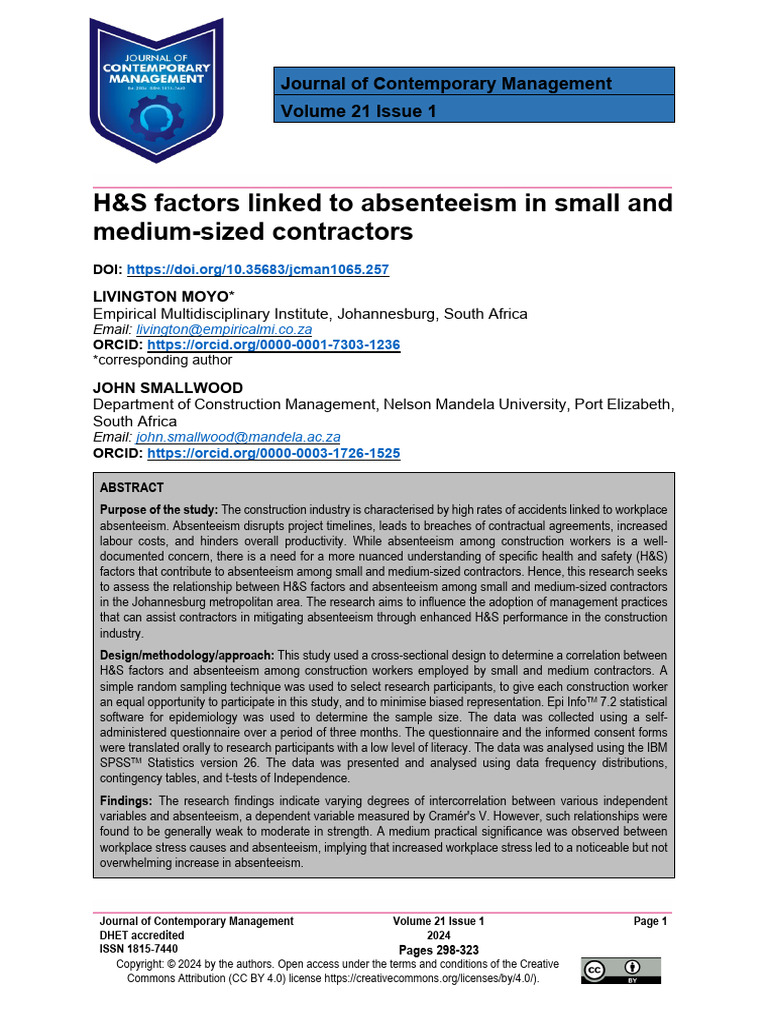 H&S Factors Linked To Absenteeism in Small and Medium-Sized Contractors | PDF | Occupational ...