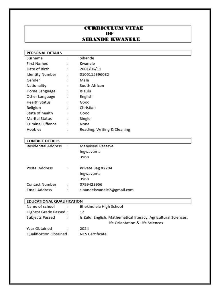 Kwanele Sibande's CV Summary | PDF