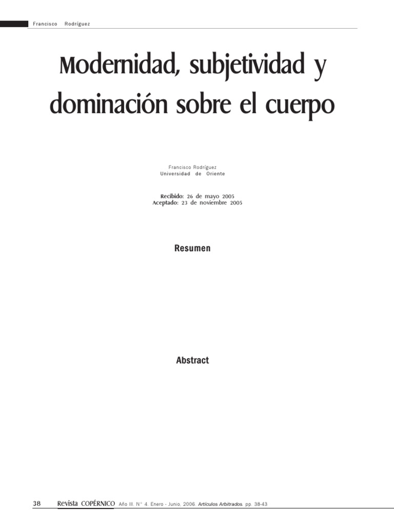 Rodríguez, Francisco, Modernidad, Subjetividad y Dominación Sobre El Cuerpo, 2006 | PDF | Razón ...