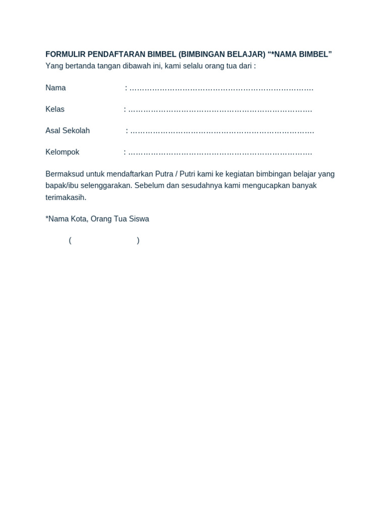 Formulir Pendaftaran Bimbel | PDF