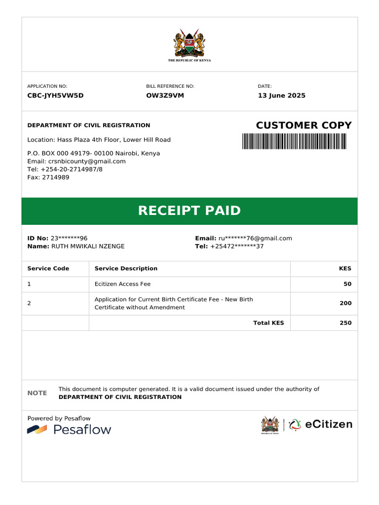 CBC Jyh5vw5d Civil Registration Receipt | PDF | Government And Personhood
