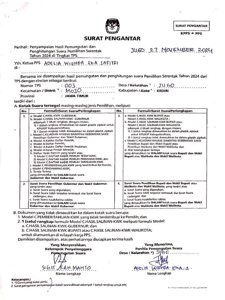 Surat Pengantar Kpps Ke Pps Tps 003 | PDF