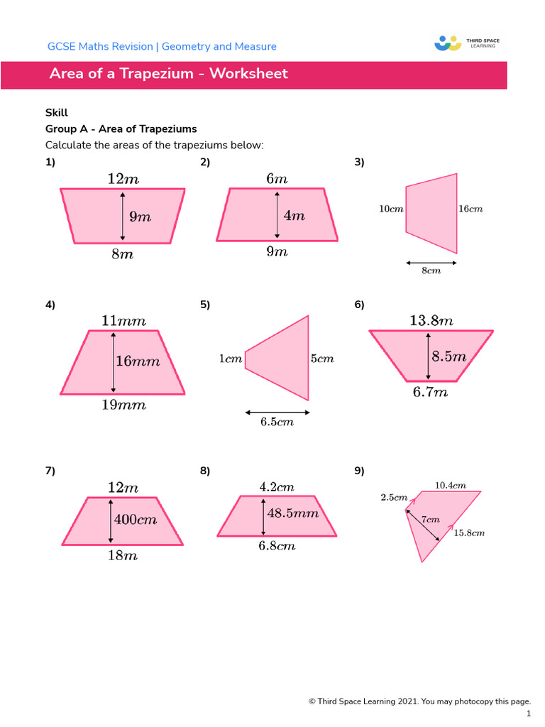 Area of Trapezium Worksheet for GCSE | PDF | Area | Mathematics
