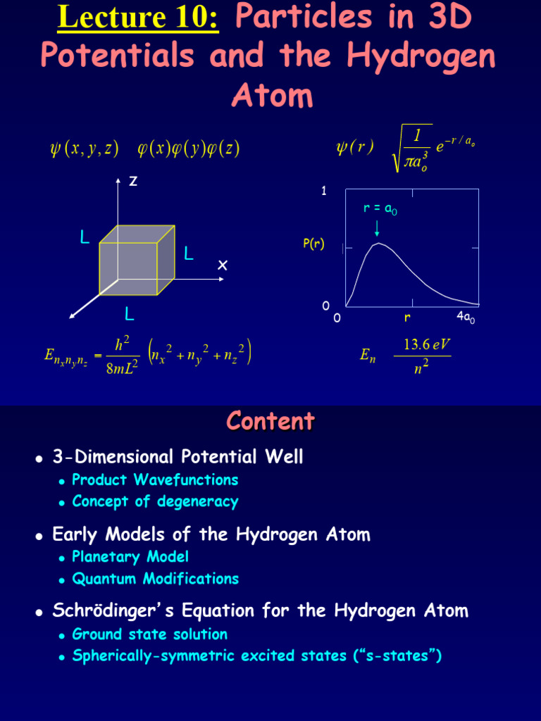 Lecture 10 - Particles in 3D Box and Hydrogen Atom | PDF | Atoms | Electron