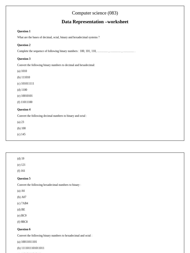 Worksheet - Data Representation | PDF