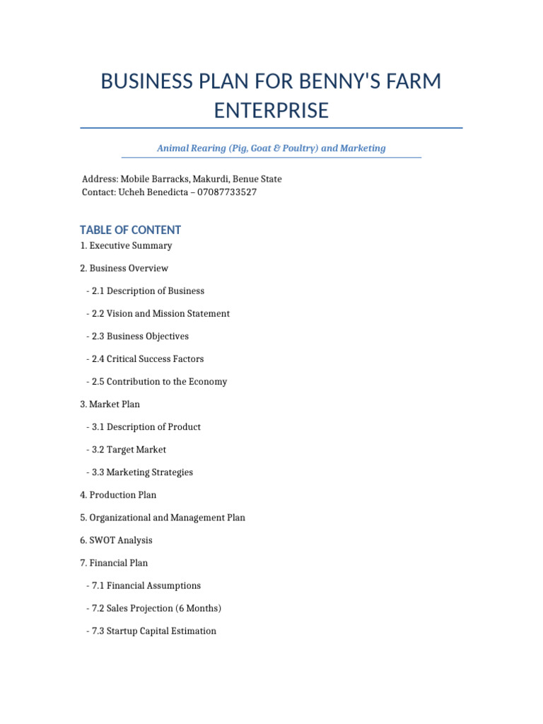 Benny's Farm Business Plan Overview | PDF | Meat | Farms
