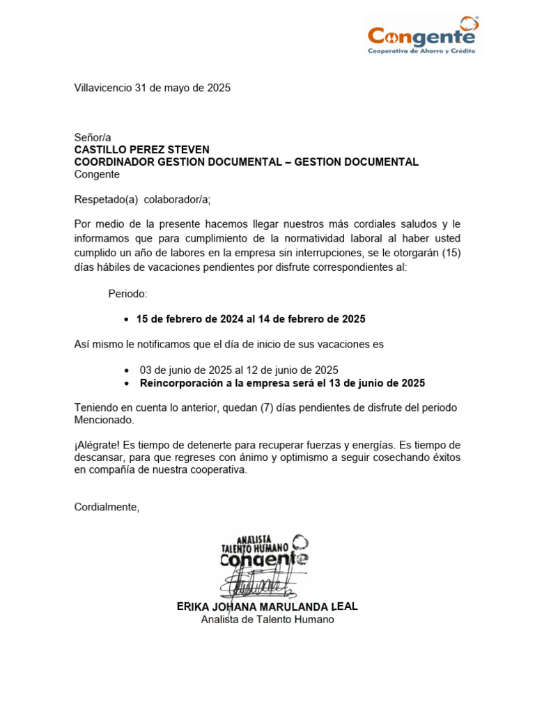 Vacaciones Laborales para Steven Castillo | PDF