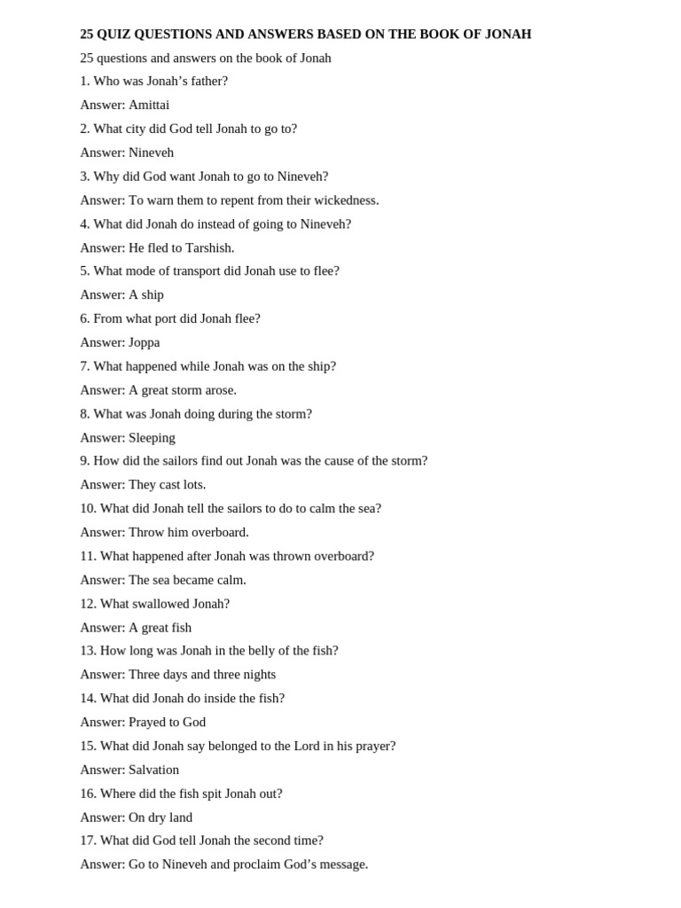 25 Quiz Questions and Answers Based On The Book of Jonah | PDF | Jonah | Jesus