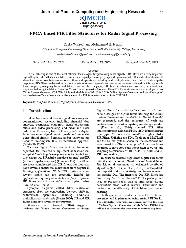 8 FPGA-Based-FIR-Filter-Structures-for-Radar-Signal-Processing | PDF | Filter (Signal Processing ...