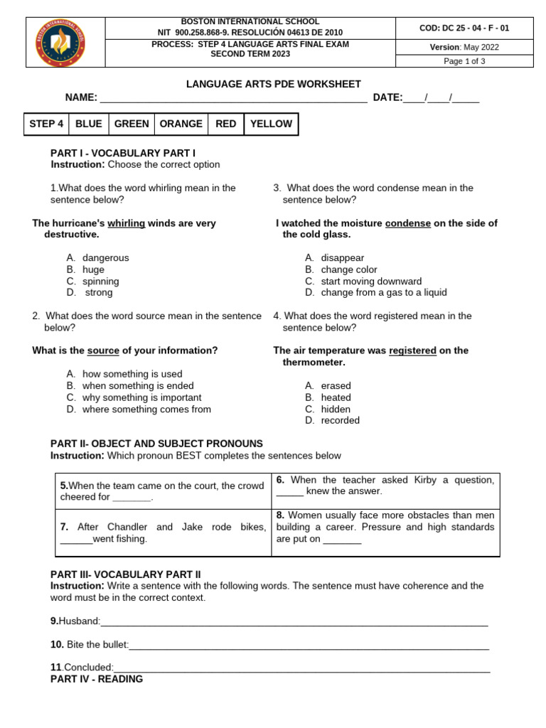 Step 4 - Language Arts Pde Worksheet (2nd Term) 2023 | PDF | Tornadoes ...
