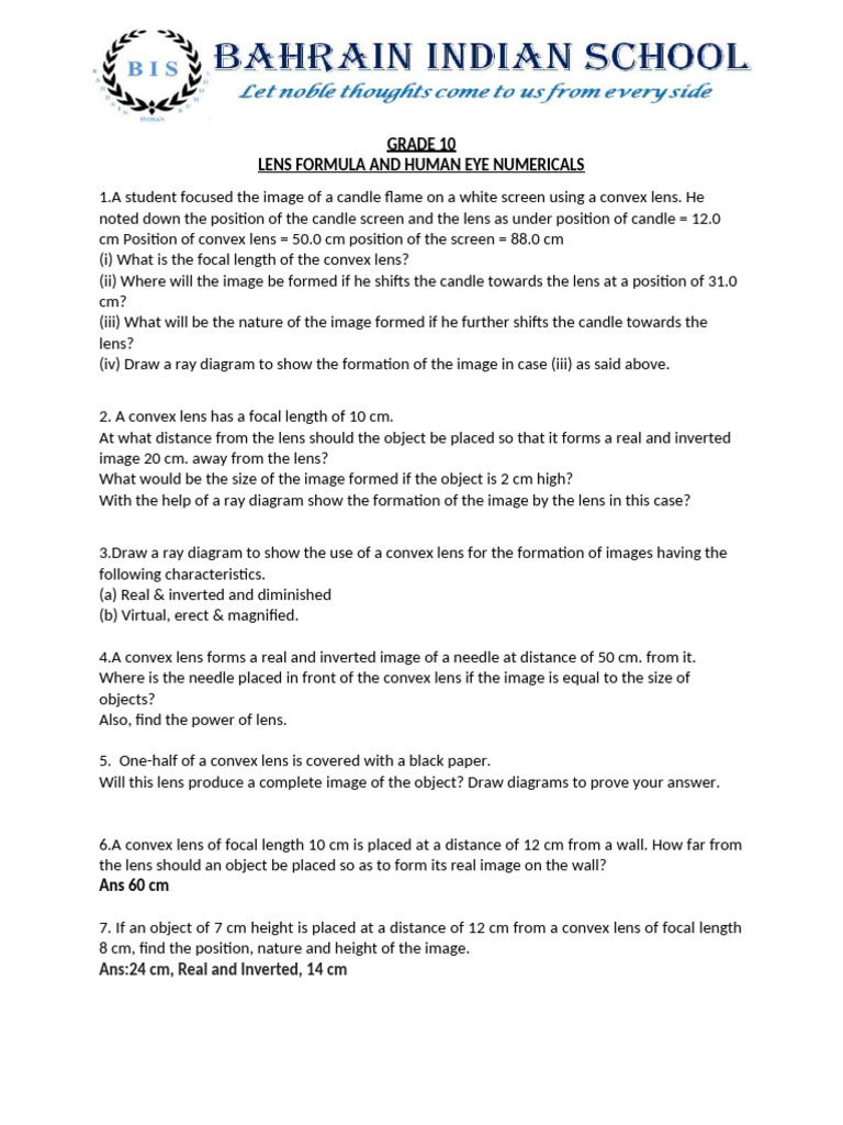Class 10 Lens Formula Numericals | PDF | Electromagnetic Radiation | Lenses