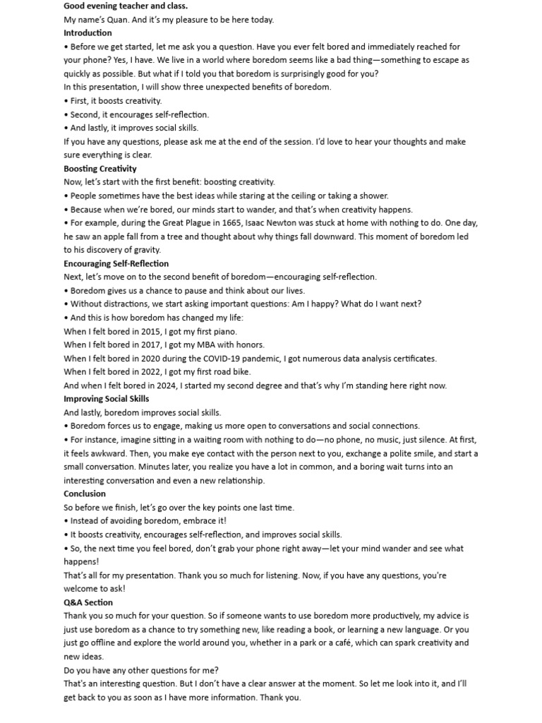 Presentation 3 - Benefits of Boredom 1 | PDF | Conversation | Creativity