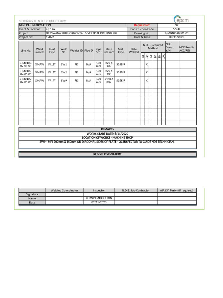 N.D.E. Request Form for Drilling Rig | PDF | Steel | Physical Sciences
