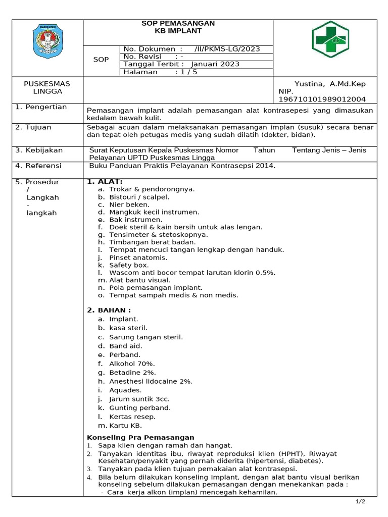 Sop Pemasangan KB Implant | PDF