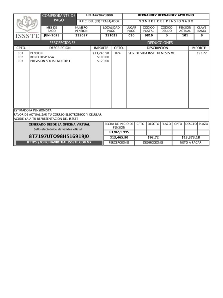 Código de Deudo ISSSTE para Pensionados | PDF
