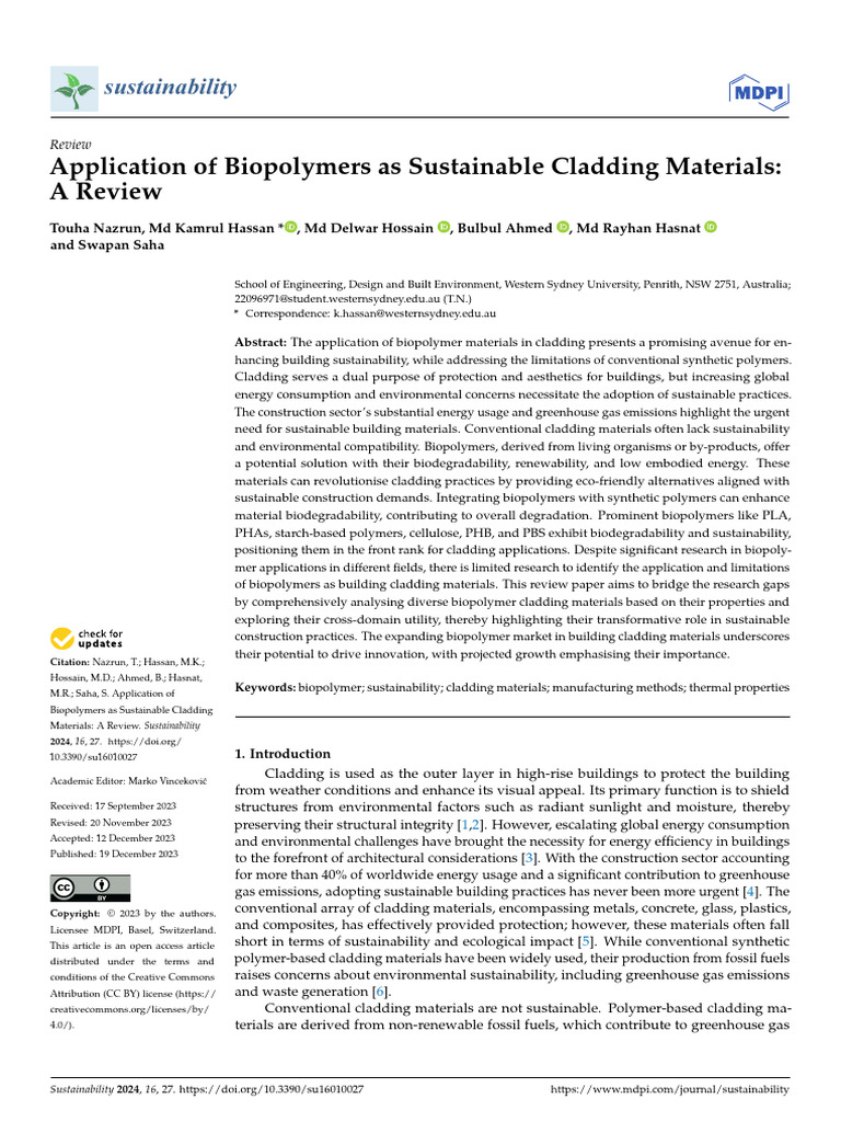 Application of Biopolymers As Sustainable Cladding | PDF | Biodegradation | Biopolymer