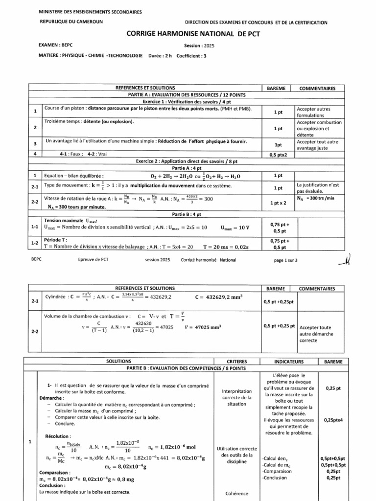 Corrigé Harmonisé National - PCT - BEPC 2025 | PDF