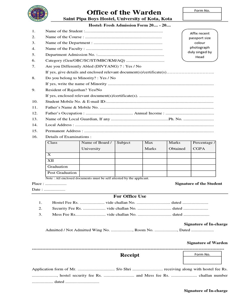 2182 - Hostel Admission Form 2025 | PDF | Government And Personhood
