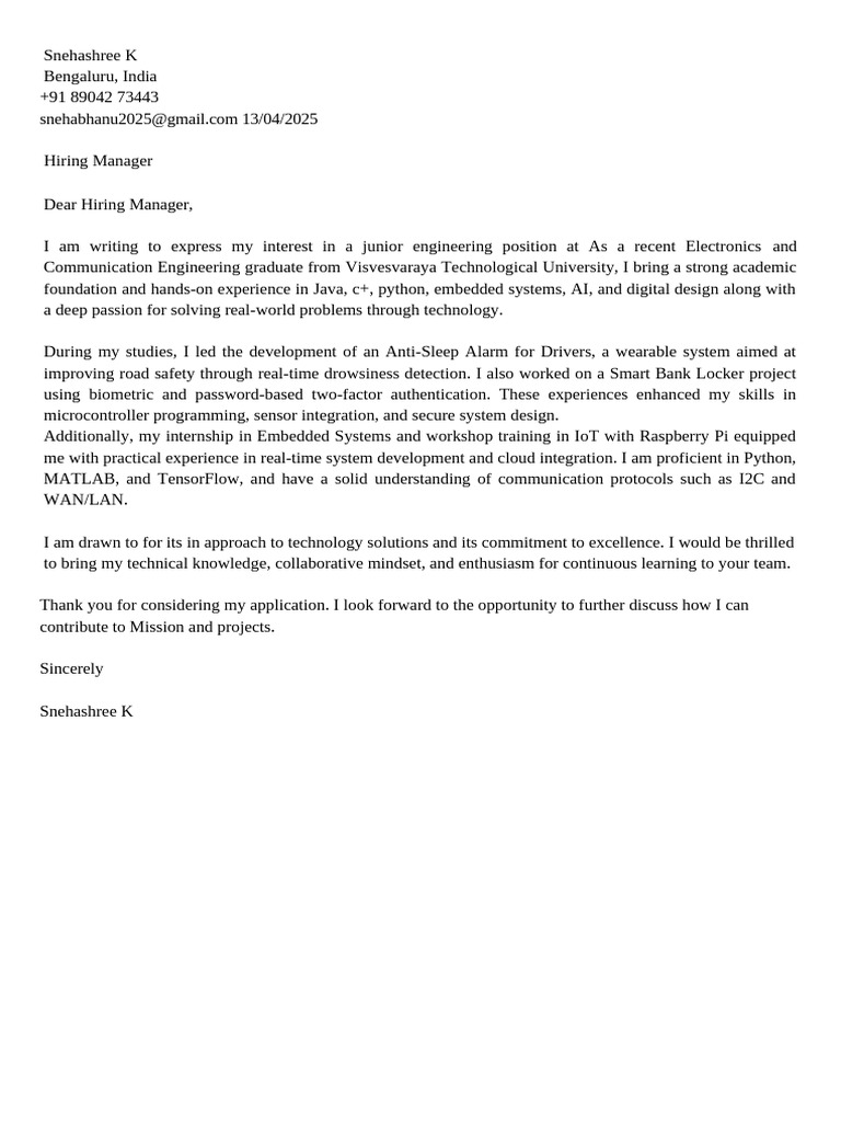 Sneha Shree Cover Letter AppXcess | PDF