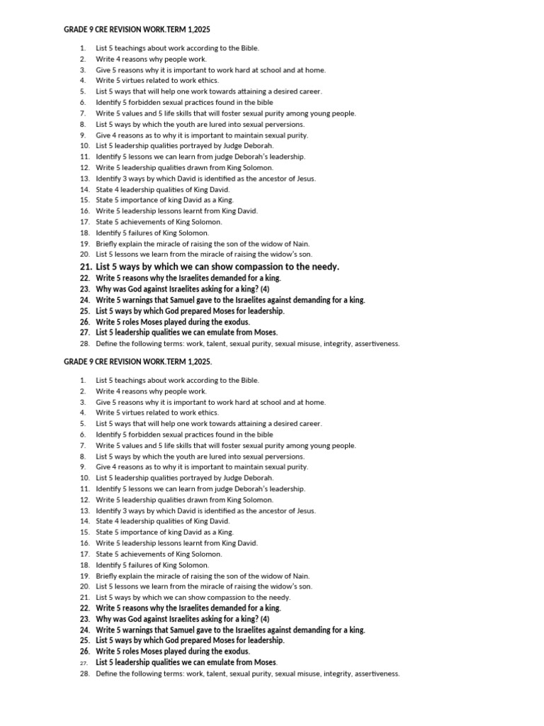 Grade 9 CRE Revision Guide 2025 | PDF | Moses | Book Of Exodus