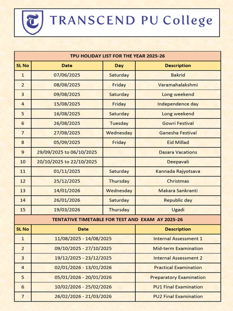 TPU Holiday List for the year 2025-26 | PDF