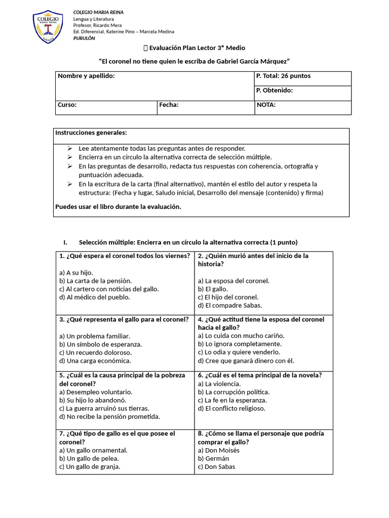 ? Evaluación Plan Lector 3º Medio | PDF