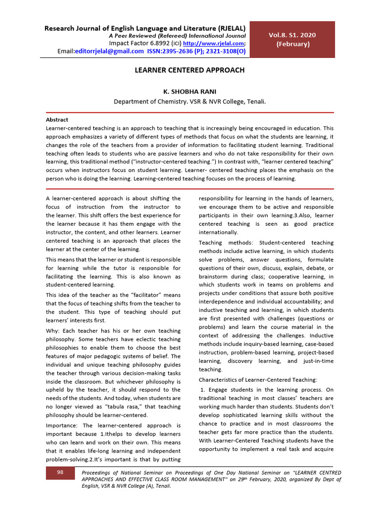 S7 Learner Centered Approach | PDF | Learning | Teachers