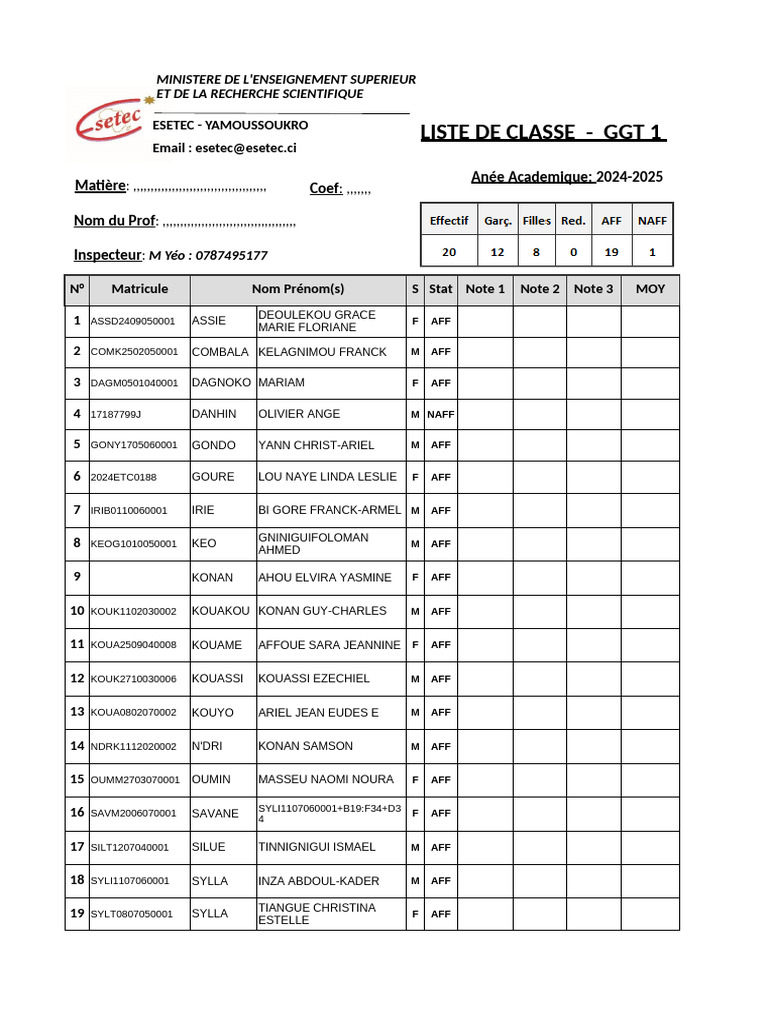Liste des étudiants GGT 1 - 2024-2025 | PDF