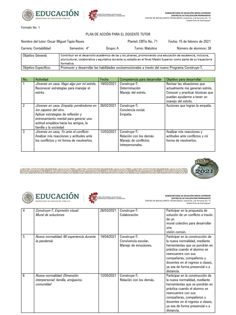 Plan Accion Tutorial | PDF | Aprendizaje