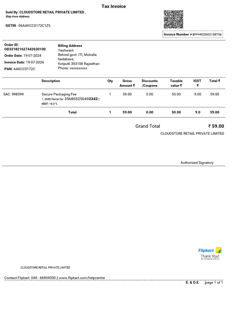 Tax Invoice for Mobile Purchase | PDF