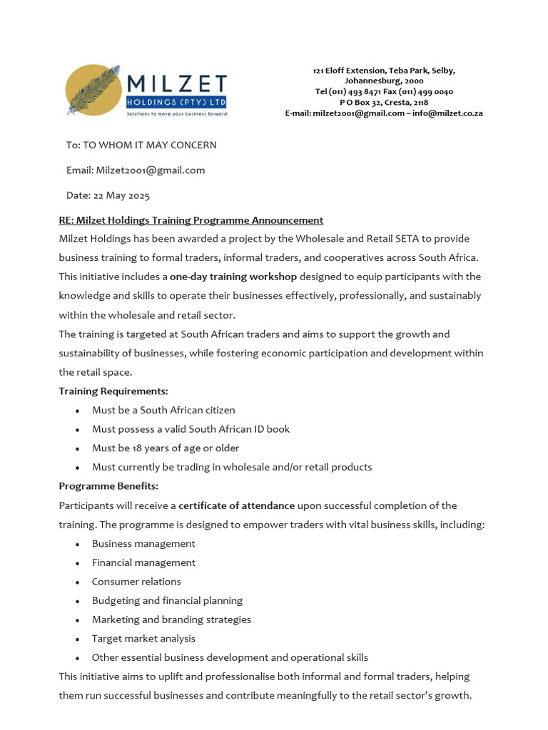 Milzet Holdings Training Programme Announcement | PDF